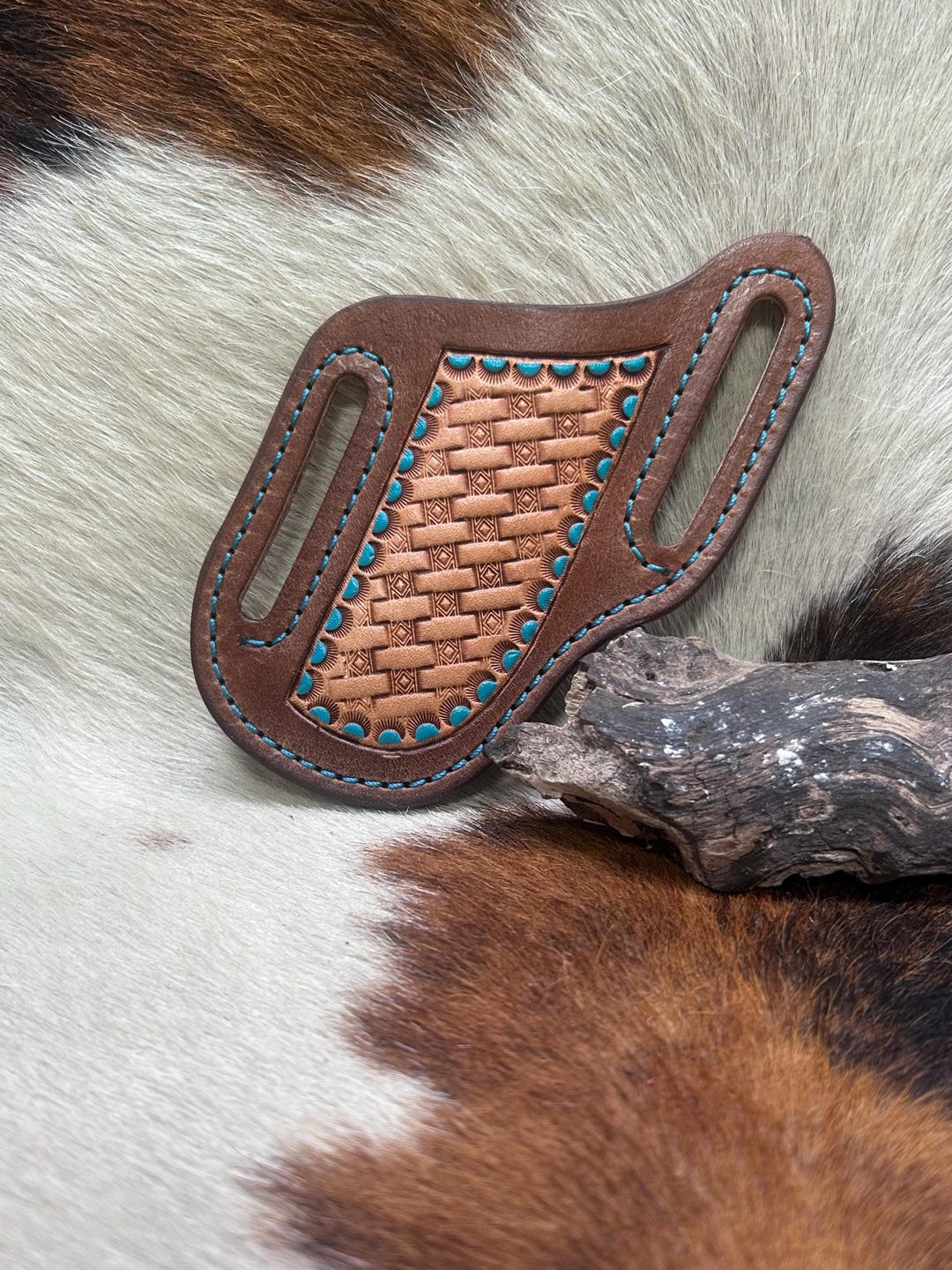 Leather Cowboy Knife Sheath: Southwest Basket Weave, Turquoise ...