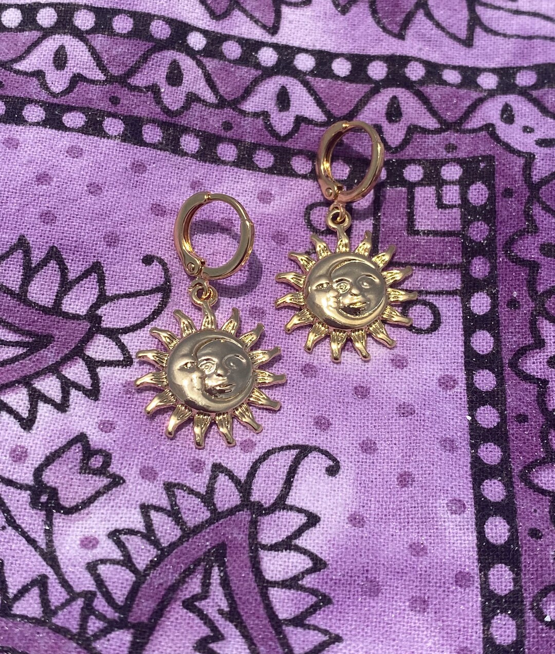 Gold Sun and Moon Huggy Hoop Style Earrings / 14k Gold Coated - Etsy