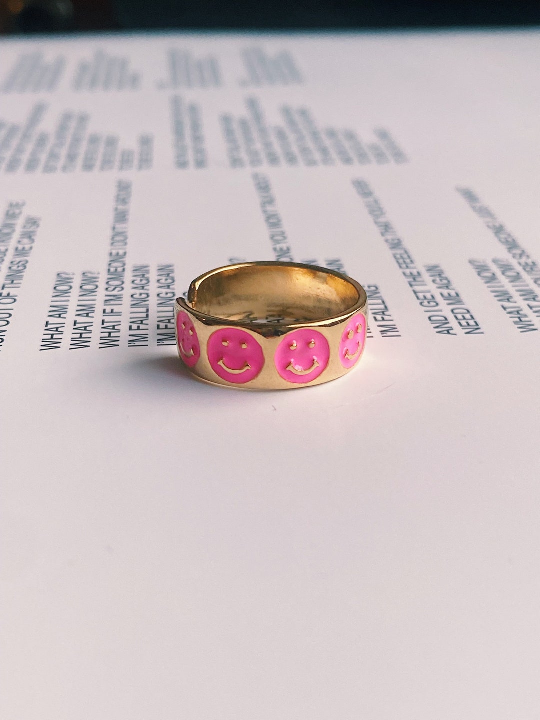 Gold and Pink Smiley Face Adjustable Ring - Etsy