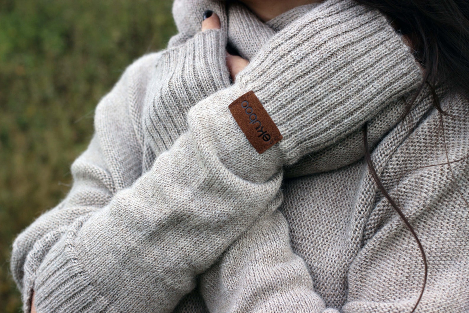 Alpaca Knitted Fingerless Mittens for Women, Cashmere Beige Knit ...