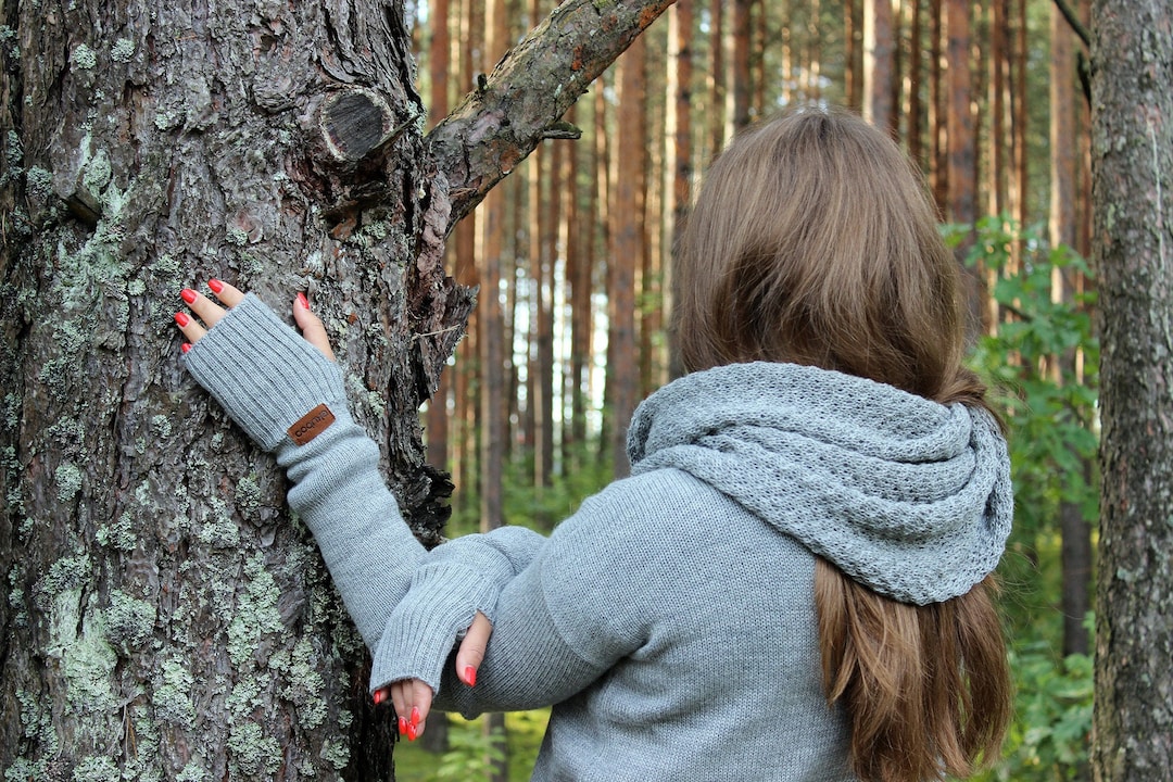 Alpaca Knitted Fingerless Mittens for Women, Light Gray Knit Fingerless ...