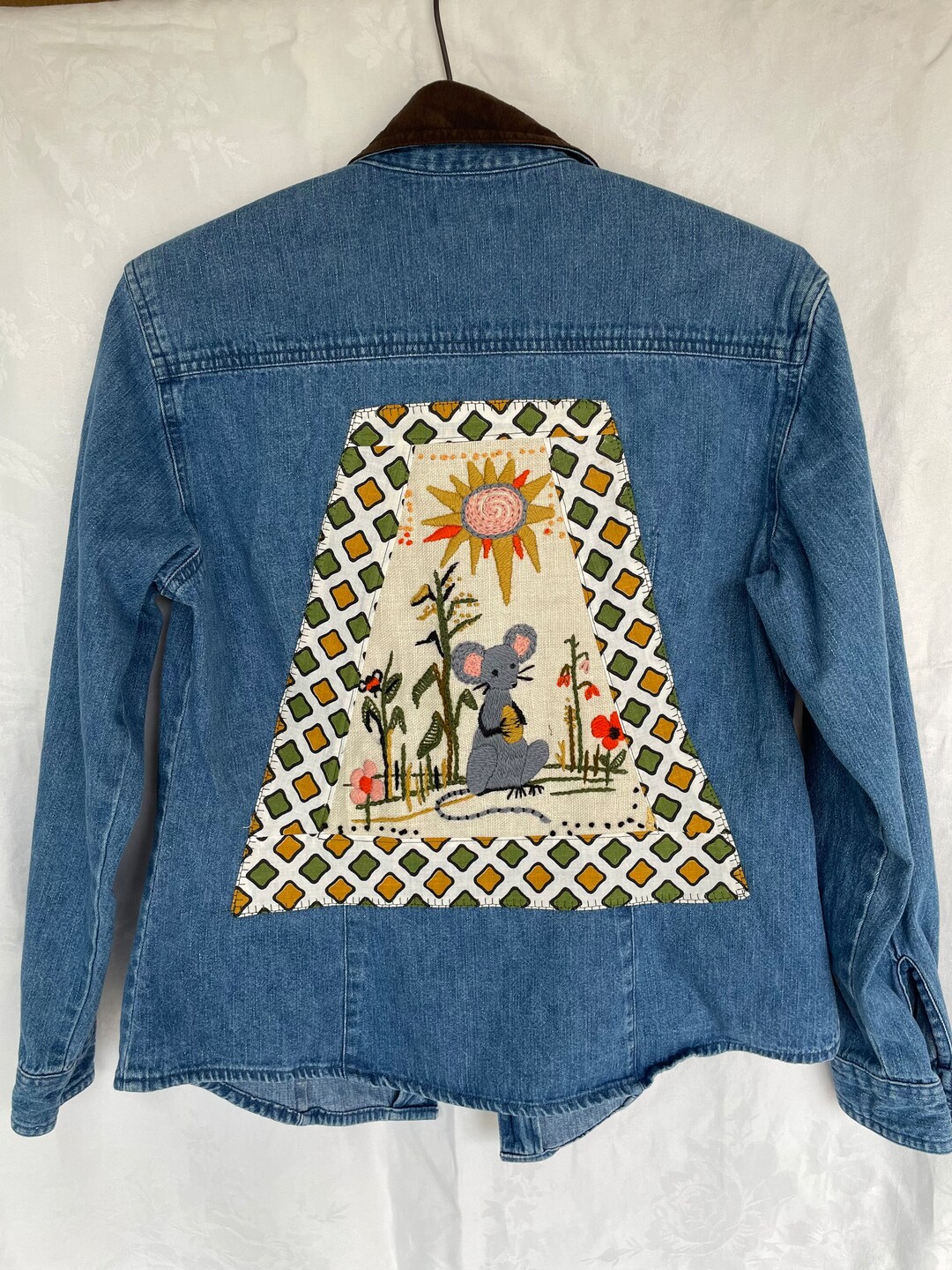 Upcycled Denim Shirt Features Vintage Crewel Garden Mouse Womens Small ...