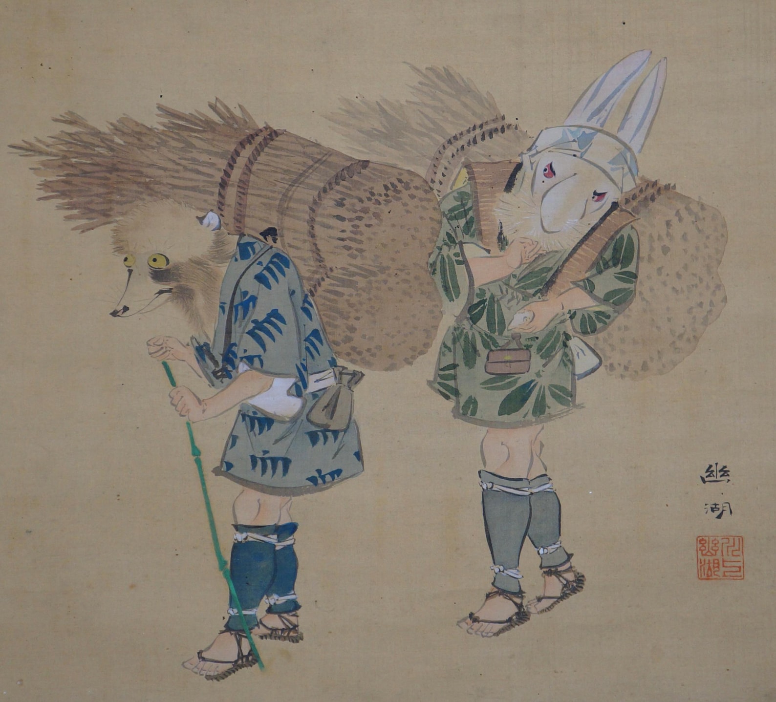 Japanese Tanuki and Usagi Rabbit Scroll Painting Watercolor Kakejiku ...