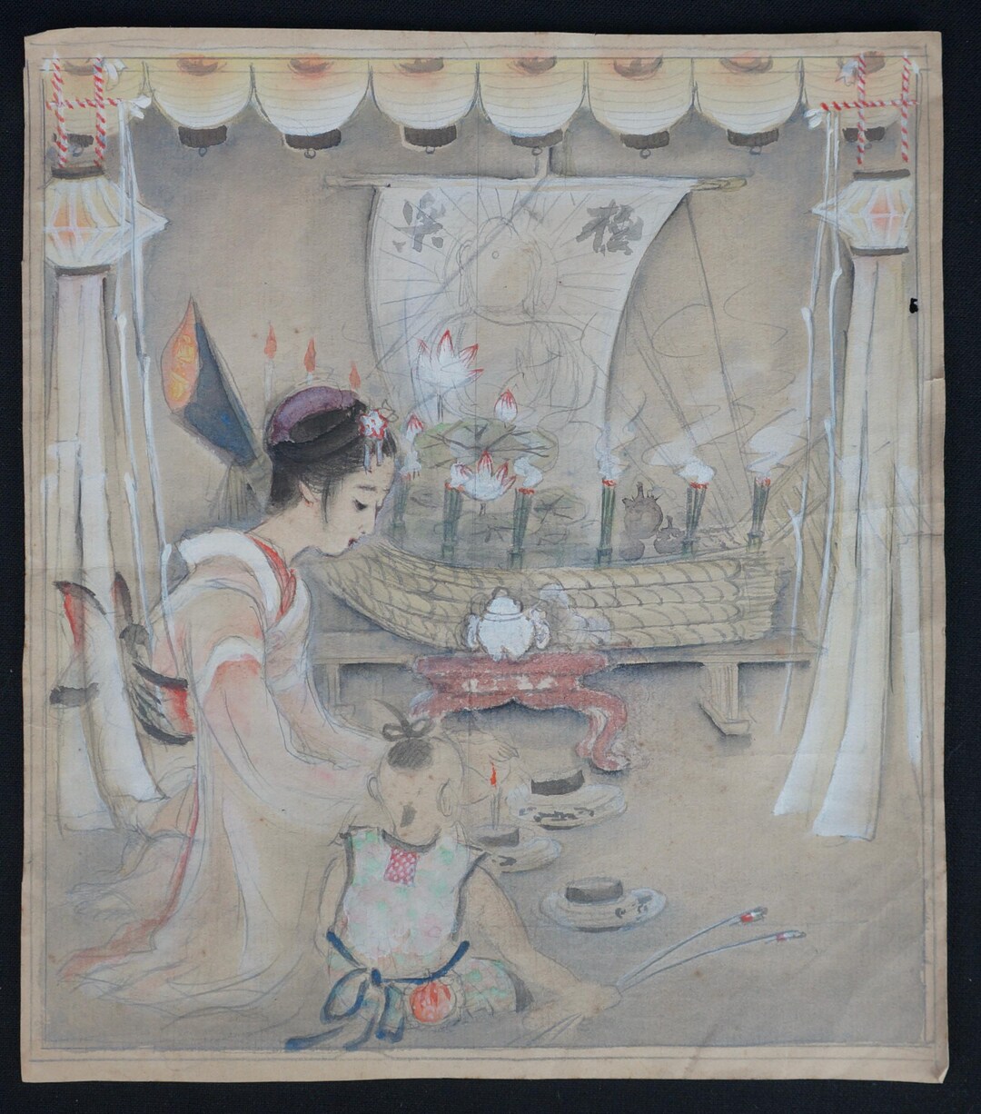 Japan Geisha Bijinga Summer Kimono at the Temple 1910 watercolor - Etsy