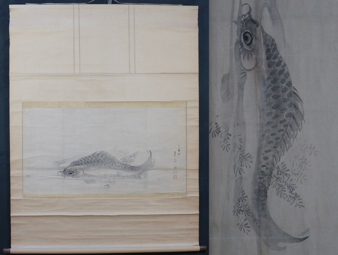 Antique Japan Koi Carp Ink Panting Scroll 1700 sumi-e Kakejiku ...