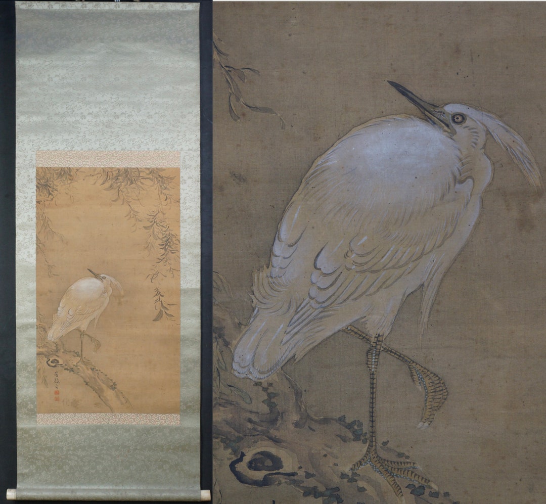 Japan Antique Sagi Bird Kakejiku Scroll 1880 Watercolor on Silk Hoson ...