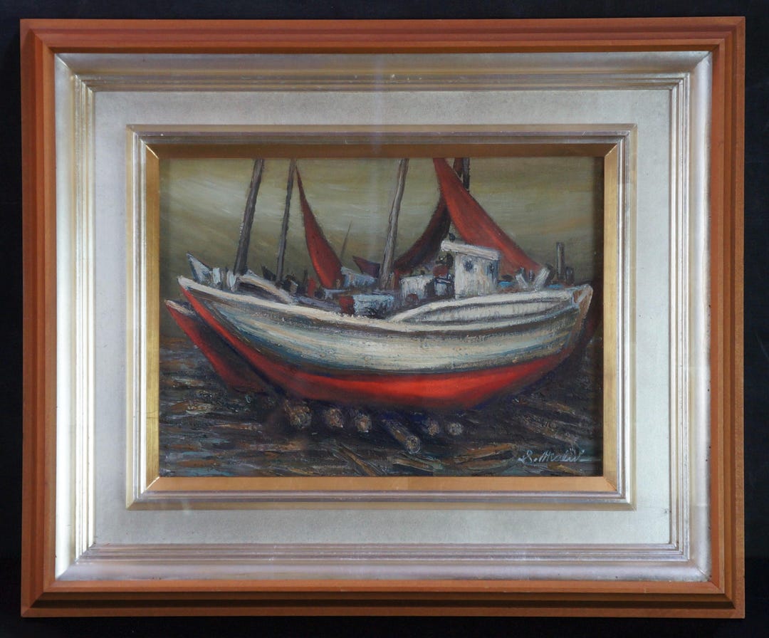Japan Oil Painting Rural Harbor Landscape 1973 Modernist Oil Art Craft ...