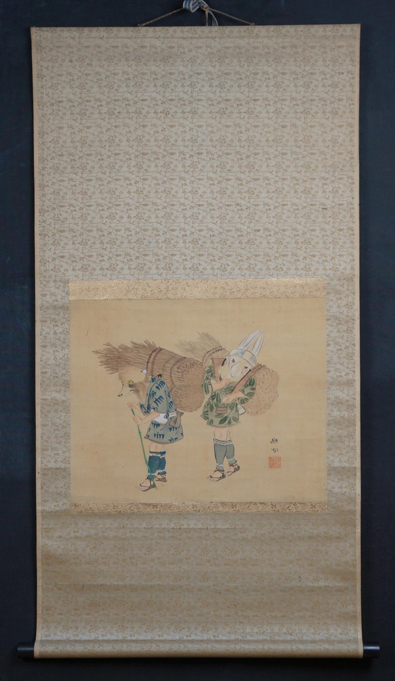 Japanese Tanuki and Usagi Rabbit Scroll Painting Watercolor Kakejiku ...