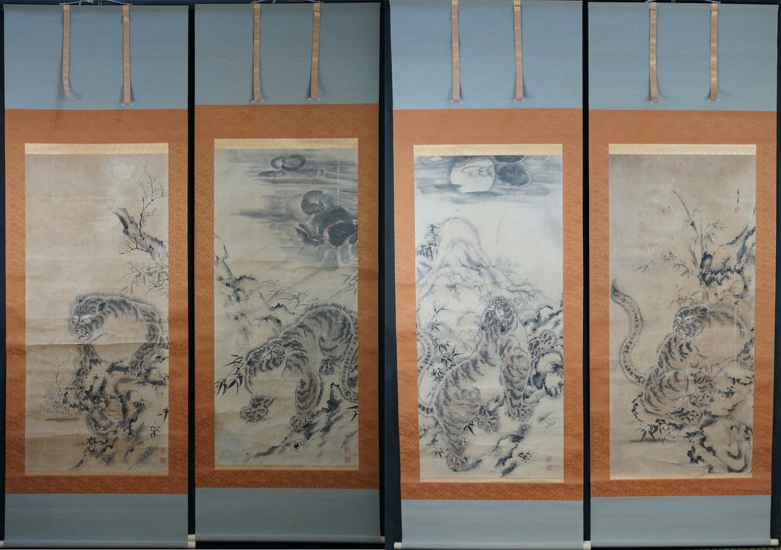 Antique Japan Tora Painting on Paper Scroll 1700 Sumi-e Zen - Etsy