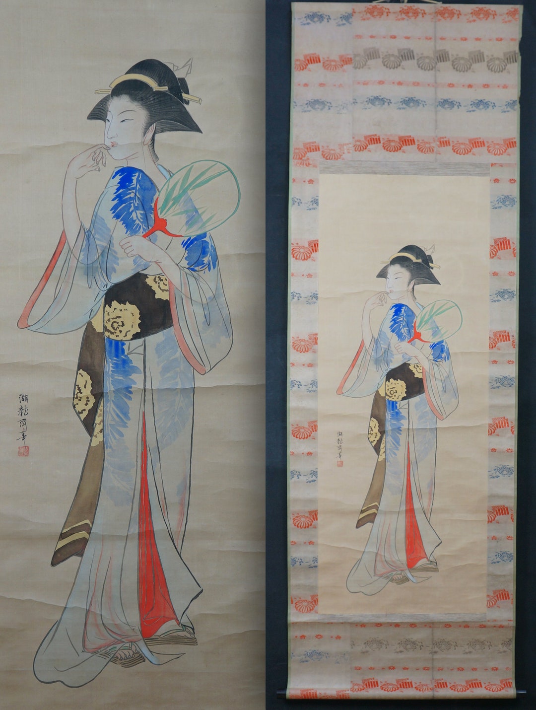 Japan Geisha Scroll Bijinga Summer Kimono Beauty 1900 watercolor - Etsy