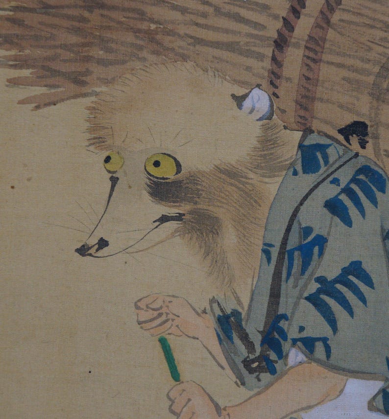Japanese Tanuki and Usagi Rabbit Scroll Painting Watercolor Kakejiku ...
