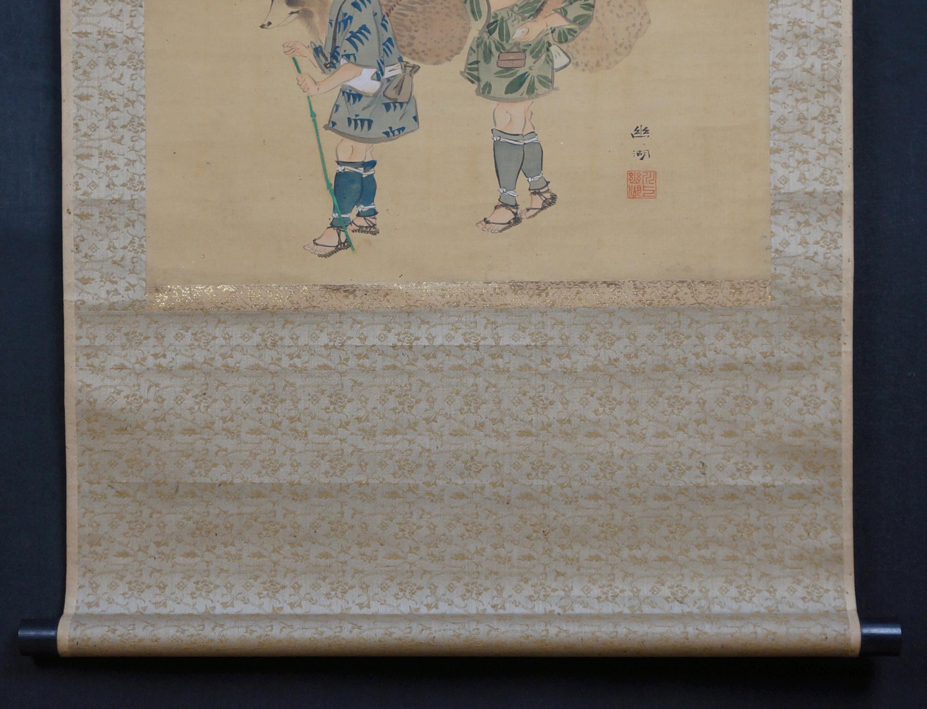 Japanese Tanuki and Usagi Rabbit Scroll Painting Watercolor Kakejiku ...
