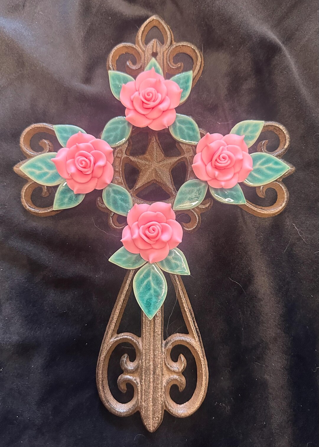 Cast Iron Cross Pink Roses - Etsy