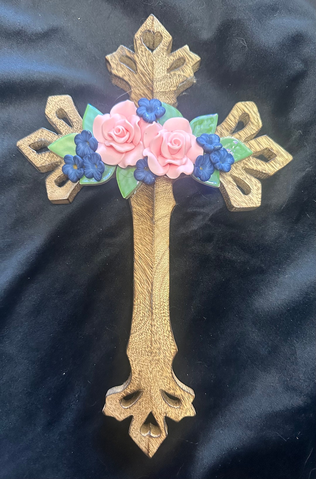 Hand-carved Wood Cross With Pink Roses - Etsy