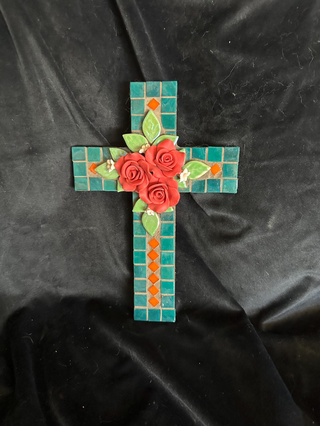 Dark Green and Red Mosaic Cross - Red Roses - Etsy