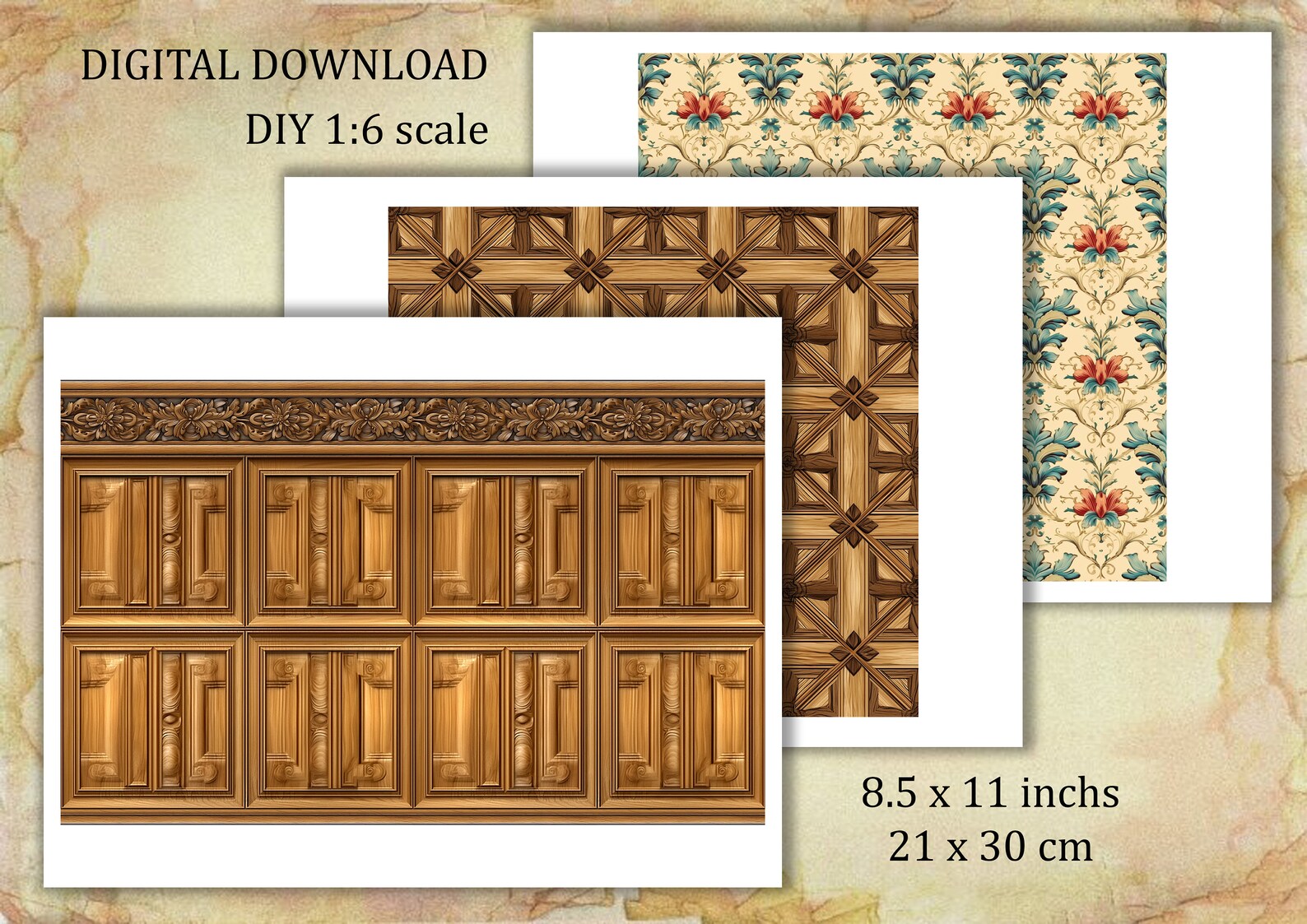 Wallpaper Flooring Boiserie for Doll Diorama in Victorian Era Style, 1: ...