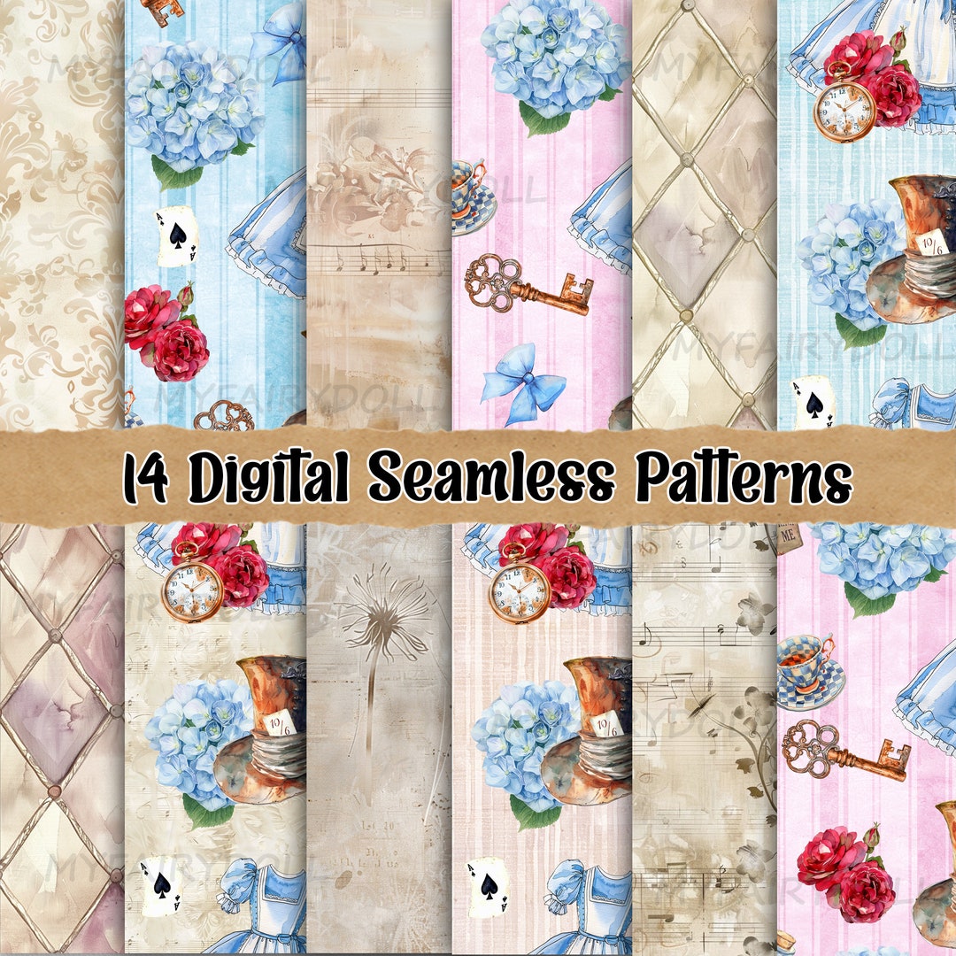 Set of 14 Alice in Wonderland Seamless Pattern, Scrapbook Tea Party ...