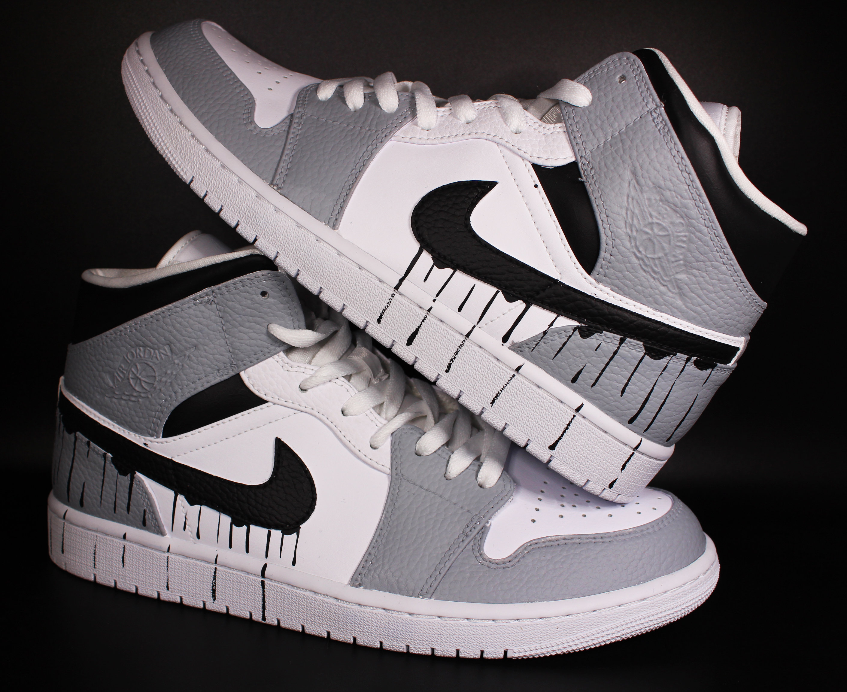 Custom Nike Air Jordan 1 Mid “grey and Black Drip” Unique Custom Nike Air Jordan 1 Mid “grey and Black Drip” Unique