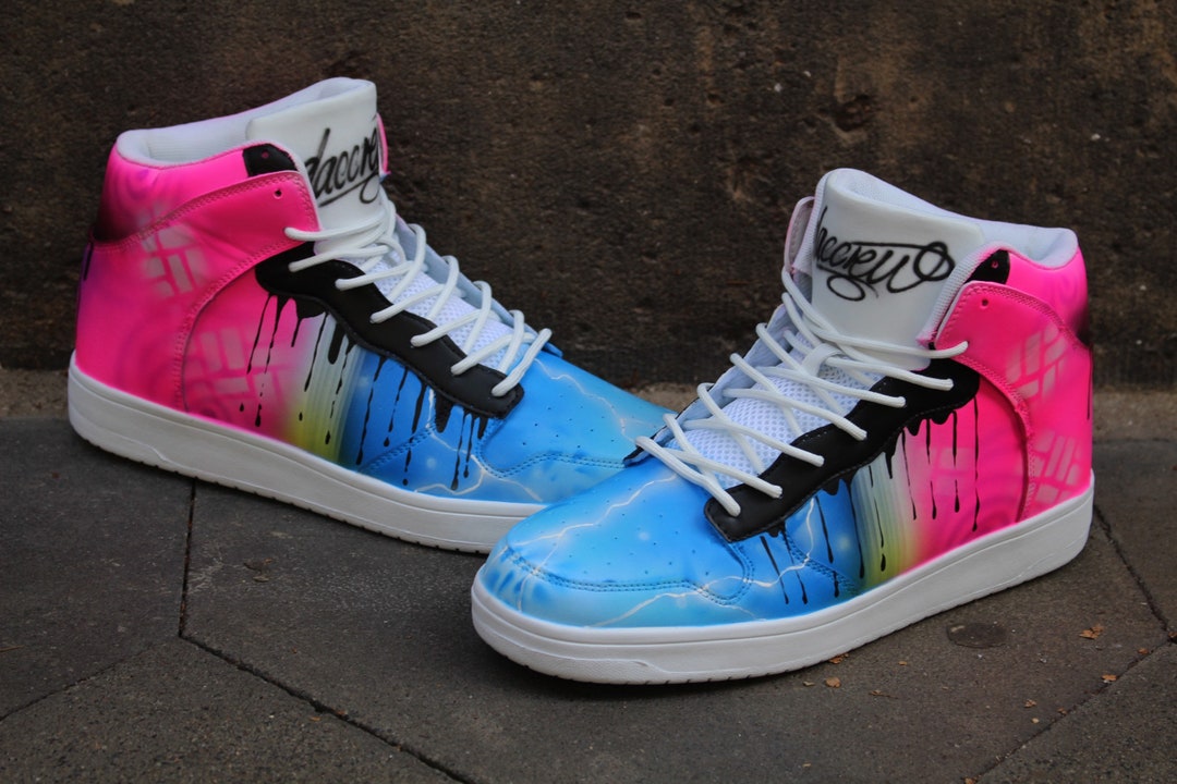 Custom Dac Crew High Tops "blue Vs. Pink" Unique Sneaker Art - Etsy