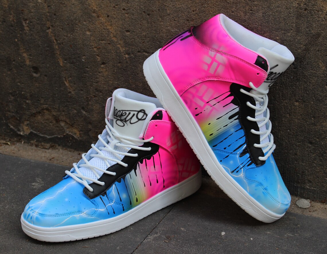 Custom Dac Crew High Tops "blue Vs. Pink" Unique Sneaker Art - Etsy