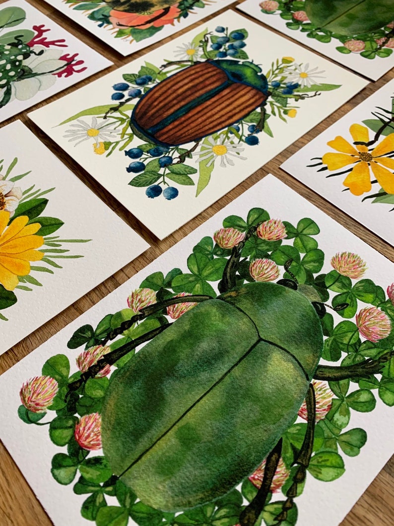 June Bug Insect Print 4 Four Leaf Clover Beetle Bug Painting | Etsy