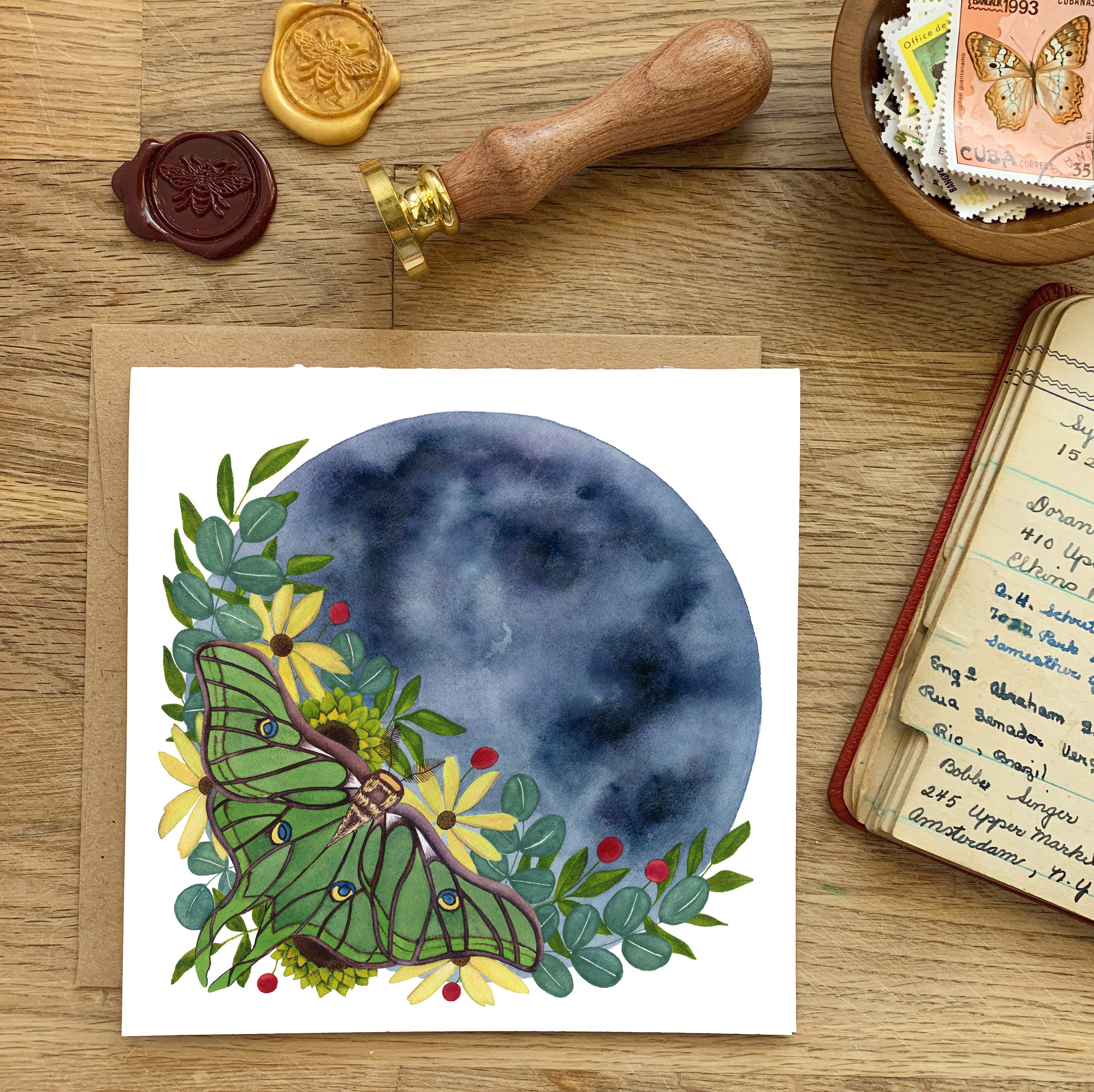 Moth Greeting Card of Luna Moth or Lunar Moth Card With Moon | Etsy