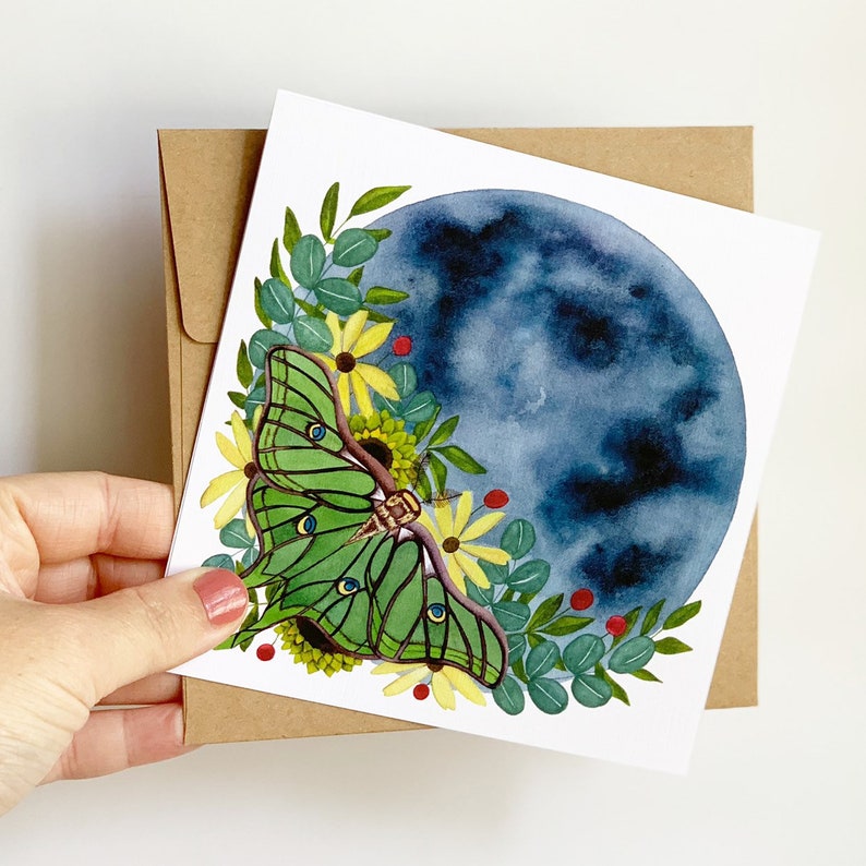 Moth Greeting Card of Luna Moth or Lunar Moth Card With Moon | Etsy