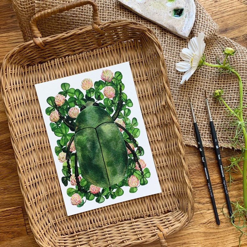 June Bug Insect Print 4 Four Leaf Clover Beetle Bug Painting | Etsy