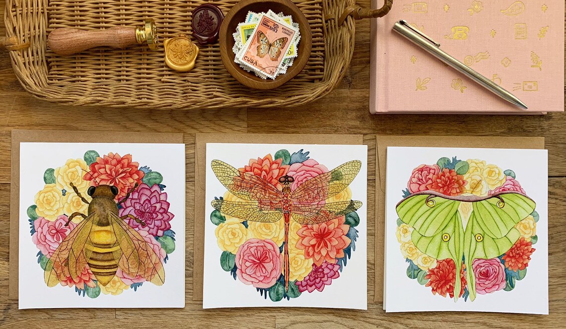 Watercolor Bee, Dragonfly & Luna Moth Card Set - Etsy