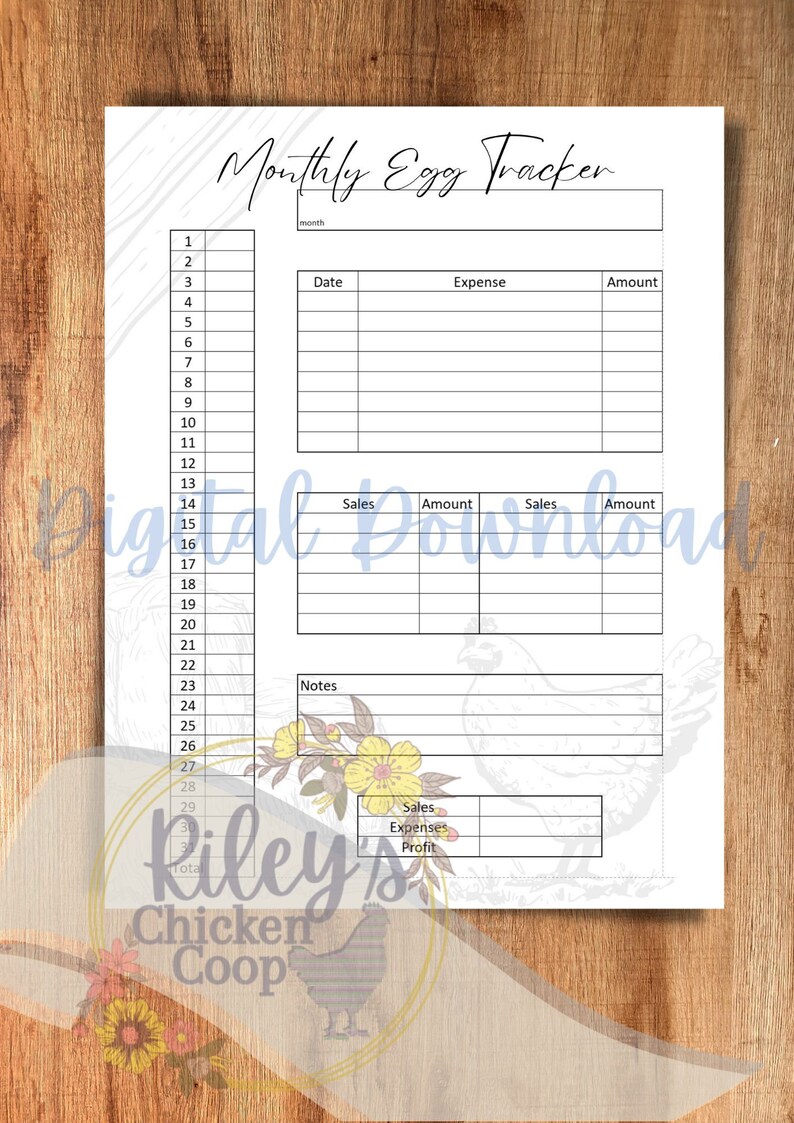 Monthly Egg Tracker Sheet - Egg Log - Black and White Chicken Tracker ...