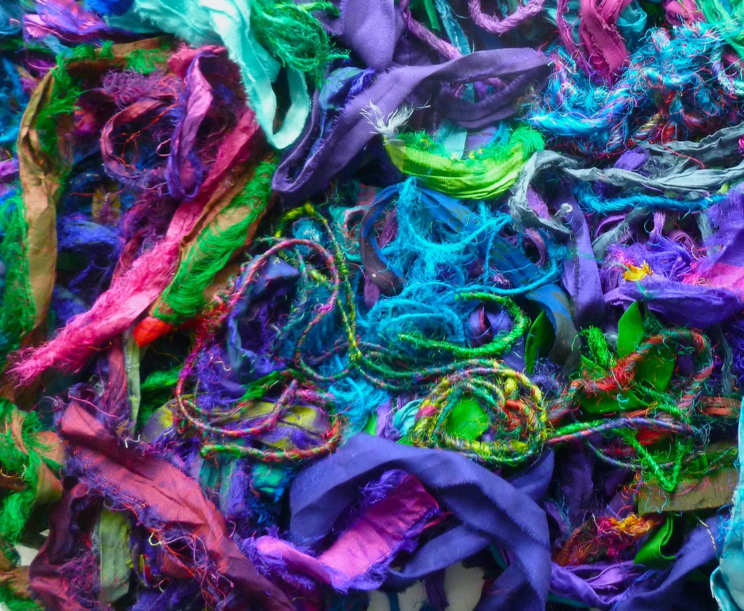 Sari Silk Ribbon/yarn/fabric Remnants 1.5oz Mixed Bag Multicolored Silk ...