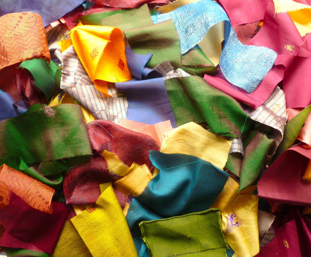 Sari Silk Fabric Remnants 15 Pieced Mixed Bag - Plain and Patterned ...