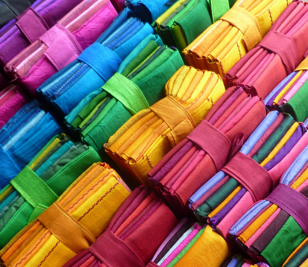 Silk Fabric Recycled 100% Sari Silk Fat Quarters 12 Piece Bundle Plain ...