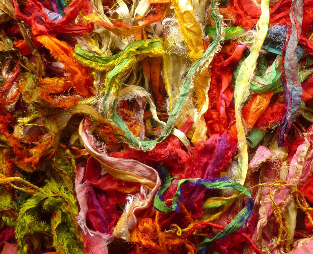 Sari Silk Ribbon/yarn/fabric Remnants 1.5oz Mixed Bag Multicolored Silk ...