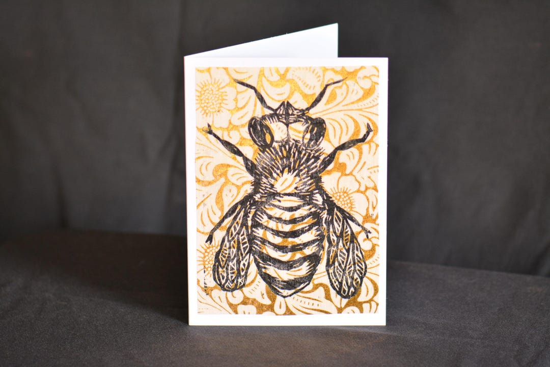 Bee Greetings Card - Handmade Linoprint Mini Print in Blue 5"x7" Yellow ...
