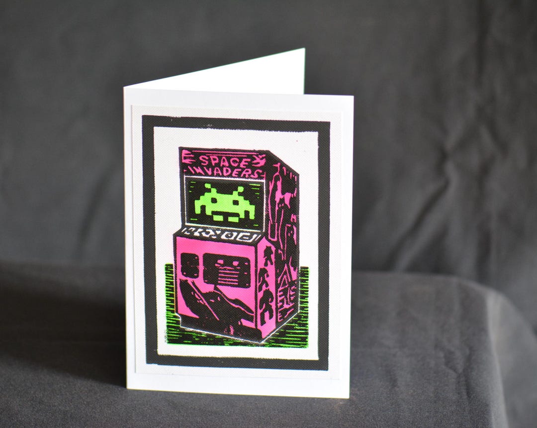 Space Invaders Card - Handmade Linoprint Mini Print 5"x7" Retro ...