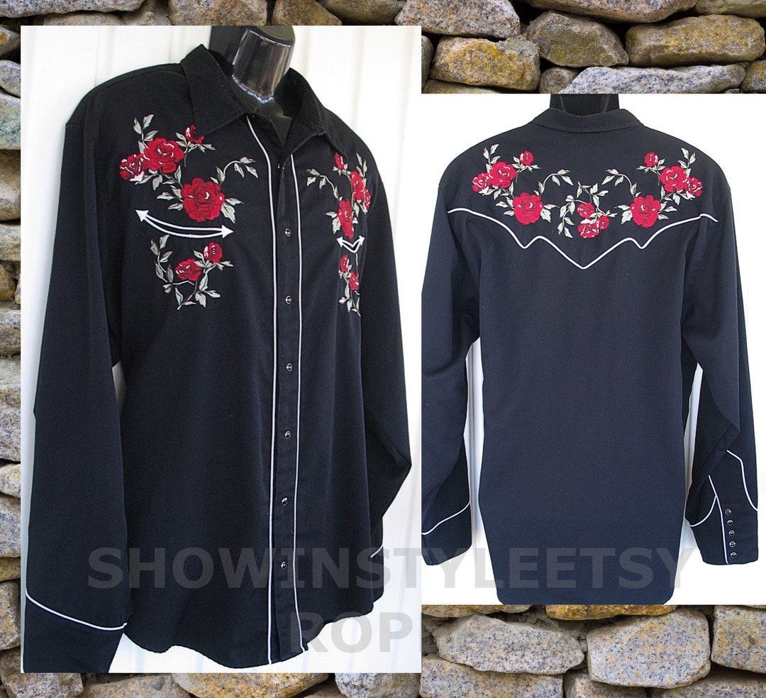 Roper Vintage Retro Western Men's Cowboy Shirt, Rodeo Shirt, Black With ...