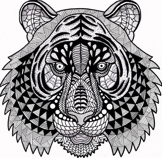 Items similar to Tiger Zentangle Coloring Page, Digital Coloring pdf ...