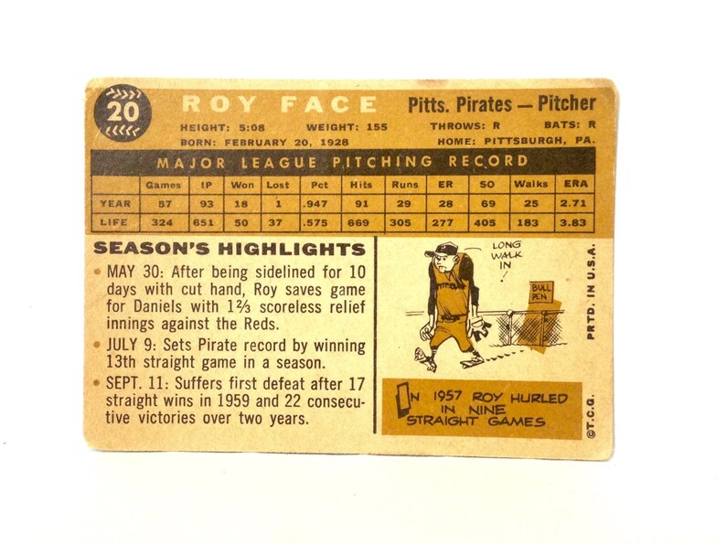 Roy Face Pittsburgh Pirate Pitcher 1960 Topps 20 - Etsy