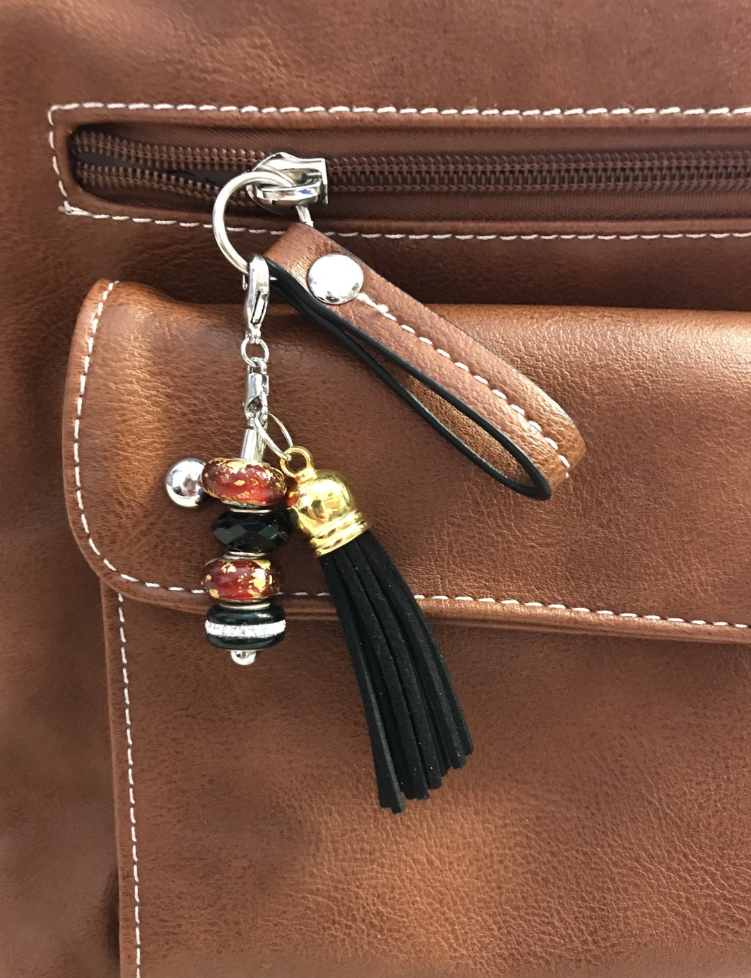 Tassel Bead Dangle, Purse Charm, Zipper Pull, Handbag Bling, Black, Red ...