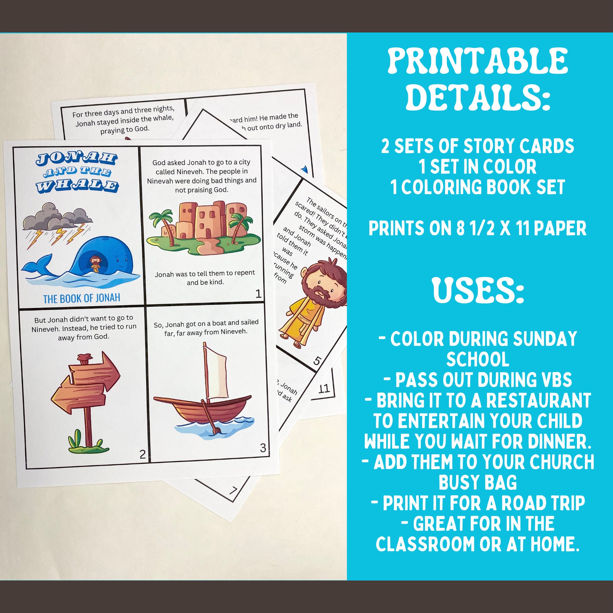 Jonah and the Whale Story Cards for Young Children, Printable Coloring ...
