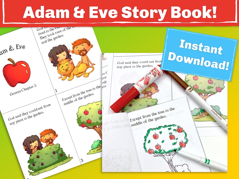 Adam and Eve Story Cards. Full Color or Coloring Page Cards That Helps ...