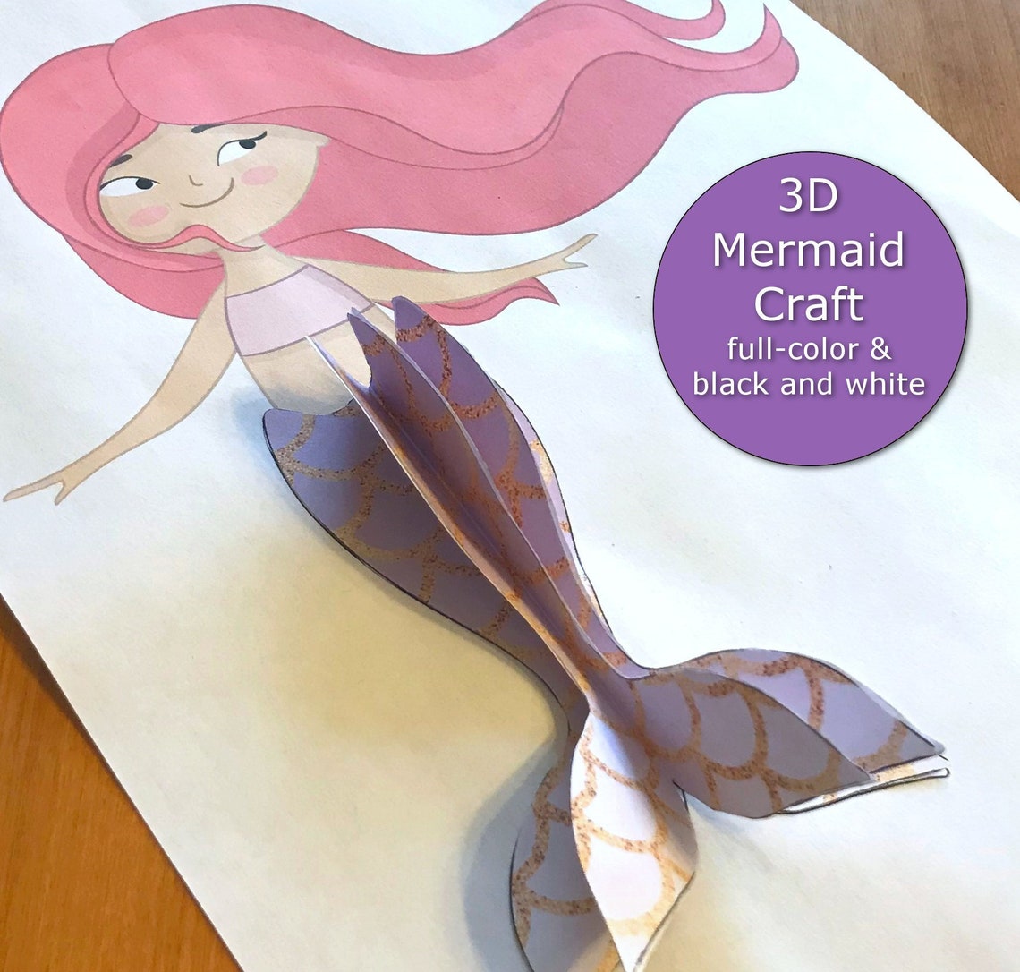 Paper Mermaid Craft for Kids, 3D Papercraft Template, Mermaid Coloring ...