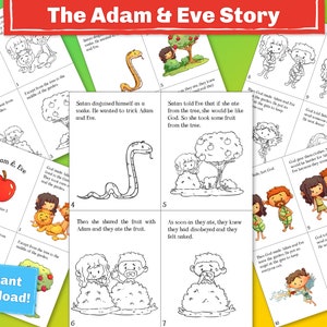 Adam and Eve Story Cards. Full Color or Coloring Page Cards That Helps ...
