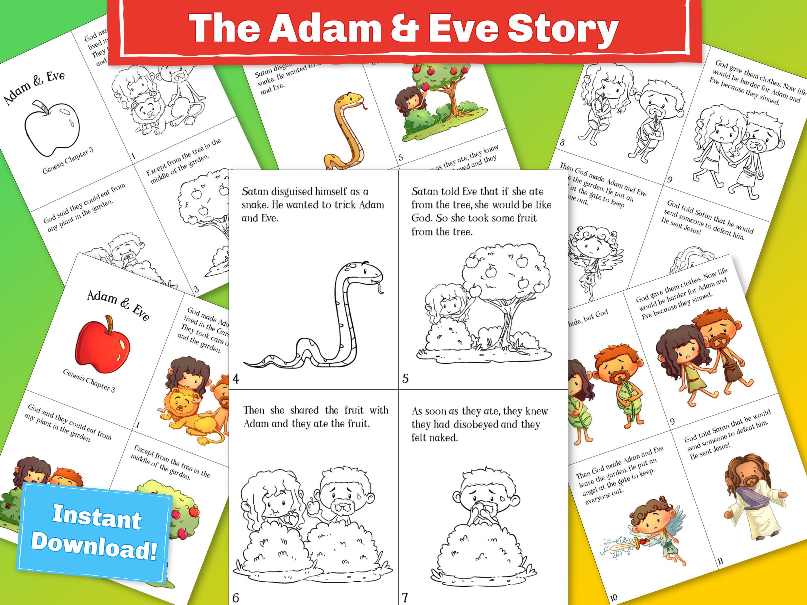 Adam and Eve Story Cards. Full Color or Coloring Page Cards That Helps ...
