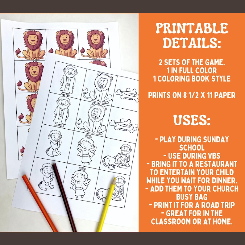 Daniel in the Lions Den Matching Game, Printable Memory Game for a ...
