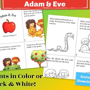 Adam and Eve Story Cards. Full Color or Coloring Page Cards That Helps ...