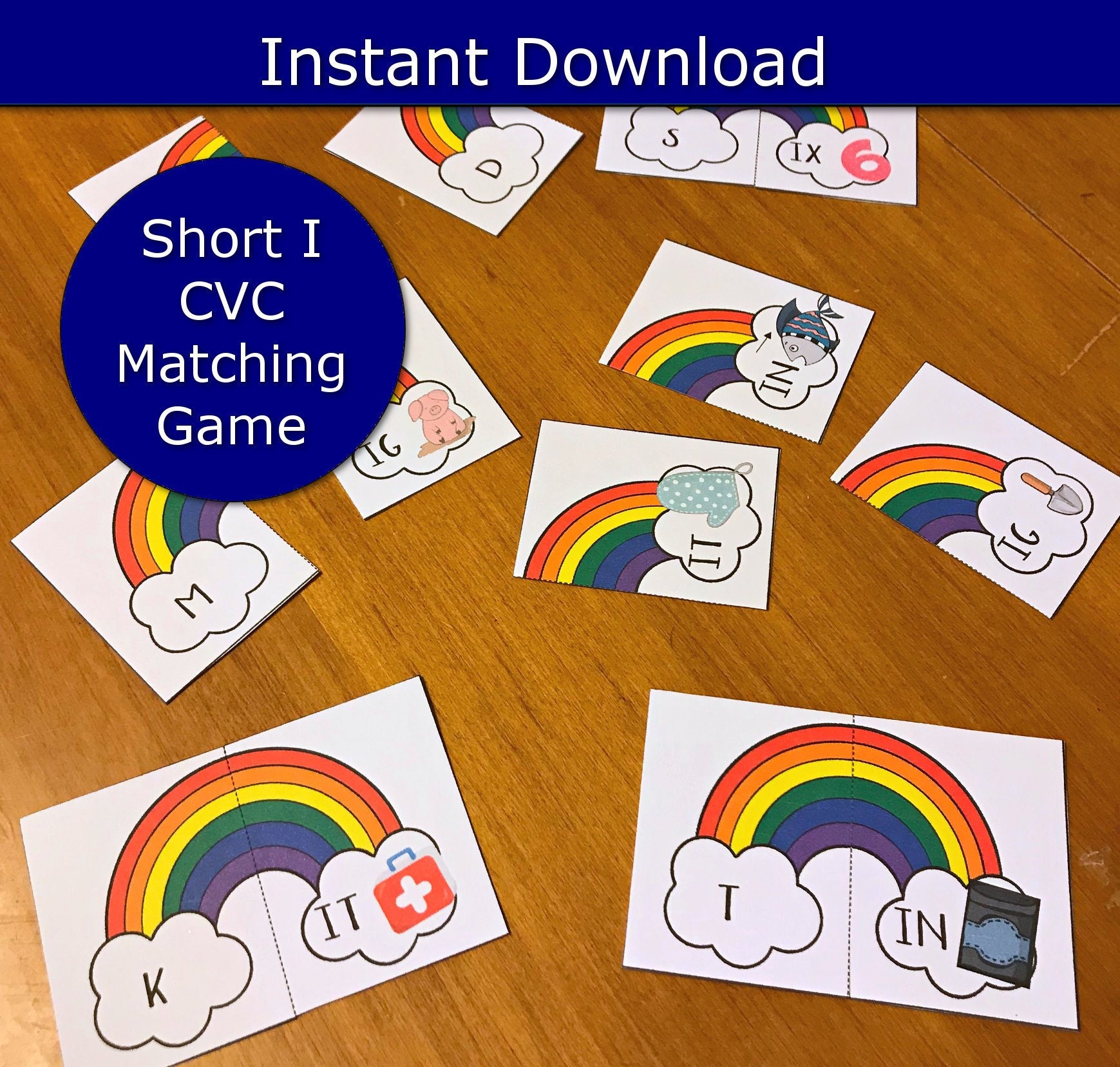 Short I Sounds Rainbow CVC Words Matching Game for Homeschooling ...