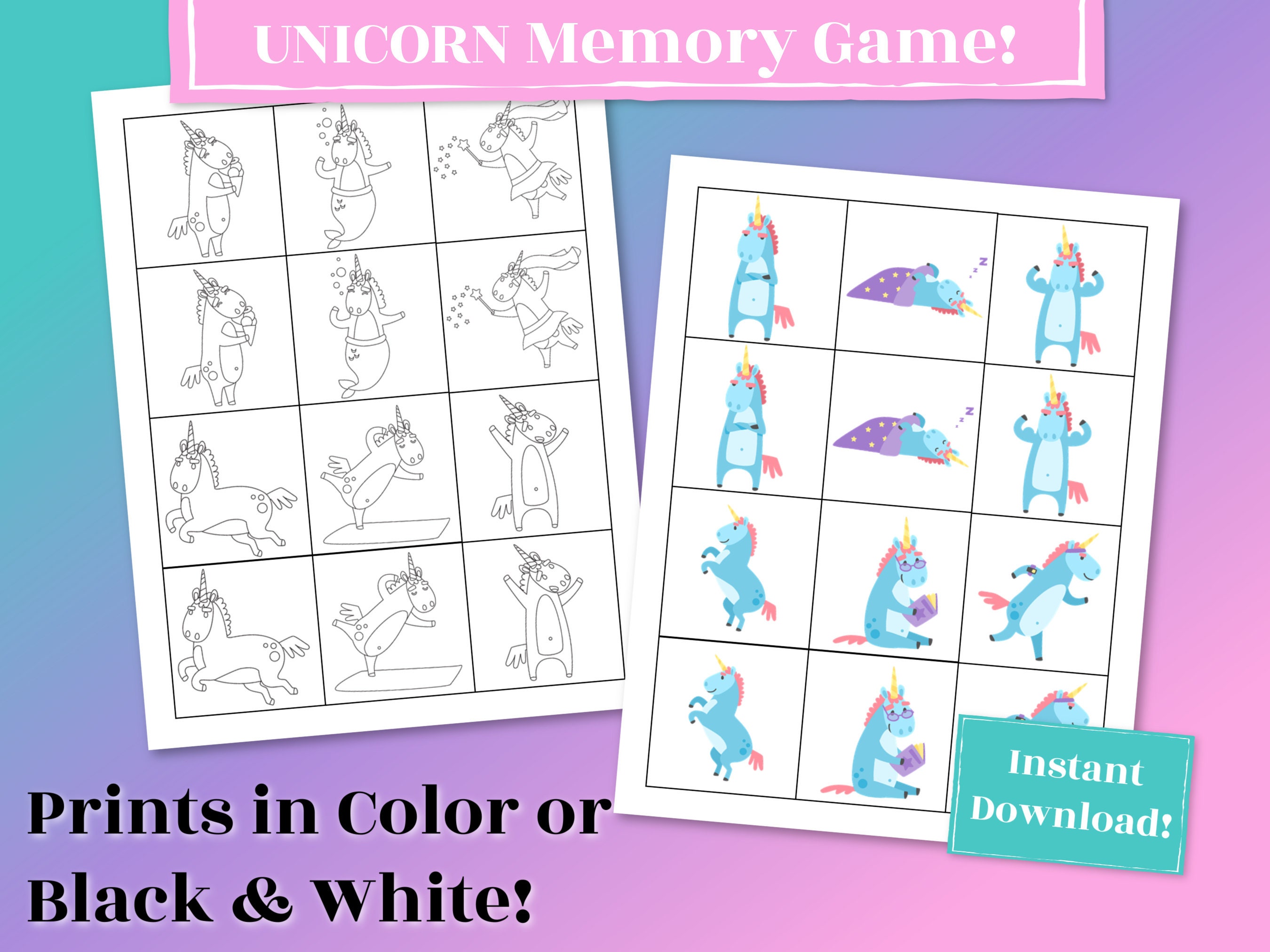 Unicorn Matching Game, Printable Memory Game for Your Busy Bag or ...