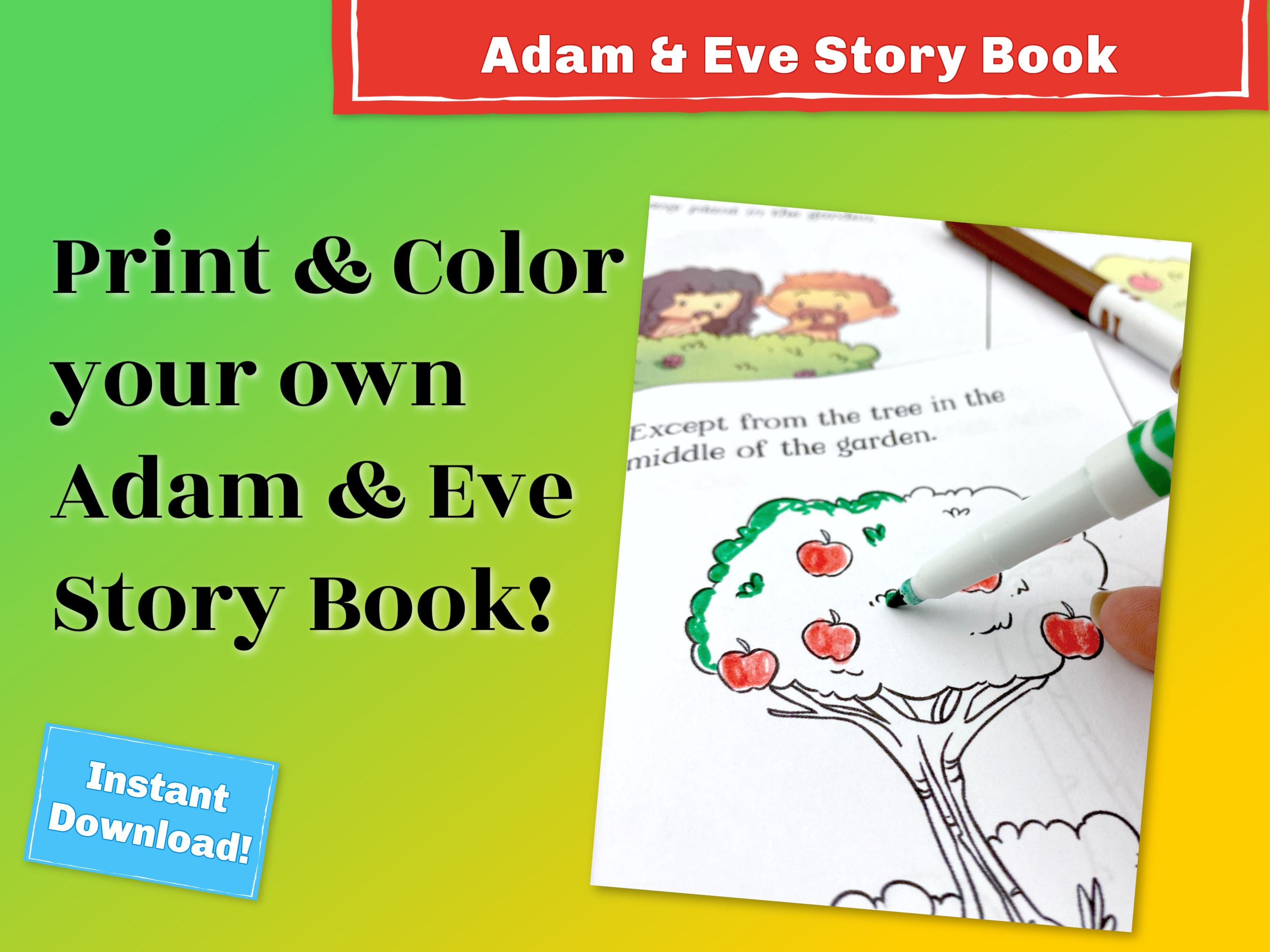 Adam and Eve Story Cards. Full Color or Coloring Page Cards That Helps ...